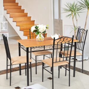 COSTWAY 5 Pcs Dining Table Set, with Metal Framework, Modern Dining Table Set, 5-Piece Dining Room Set, Kitchen Table with 4 Chairs for Home, Restaurant and Café