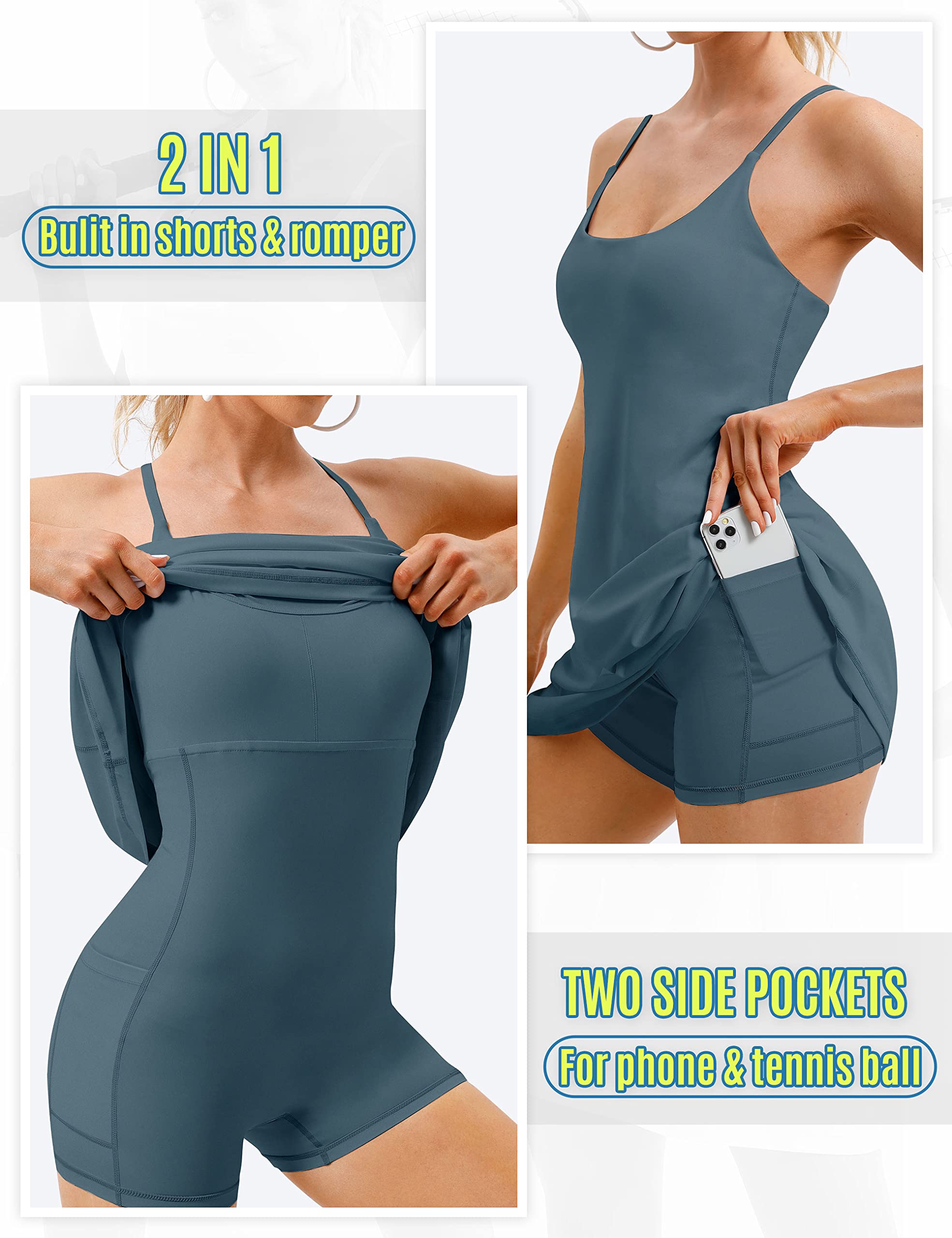 Womens Tennis Dress, Workout Dress with Built-in Bra & Shorts Pockets Summer Dress for Golf Athletic Dresses for Women Indigo