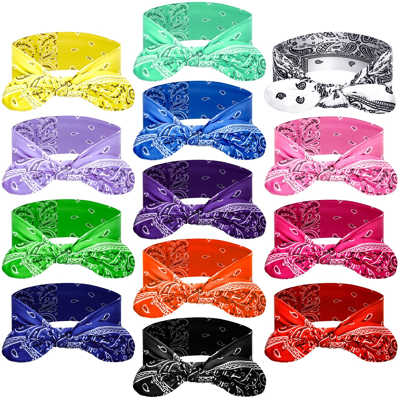 WILLBOND 13 Pieces Bandana Headband for Women Paisley Hair Bandanas Boho Bow Headbands Elastic Knot Rabbit Ear Head Wrap Cute Hair Accessories for Women Girls 7.87x2.77 inch (Stylish Color)