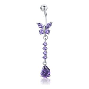 yazilind body piercing jewelry butterfly teardrop shape cubic zirconia belly button navel nail ring(purple)