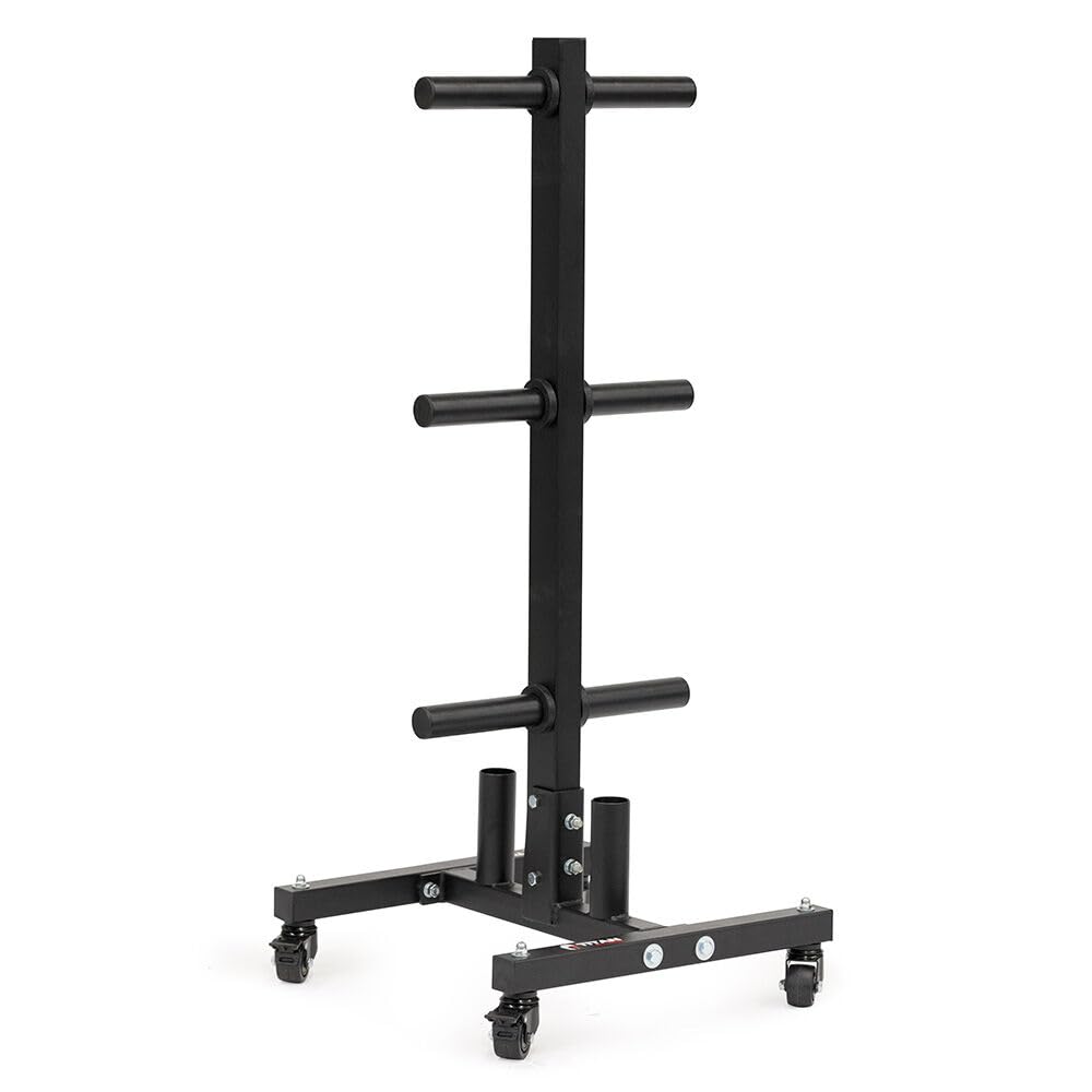 Titan Fitness Portable Weight Tree for Olympic Plate and Barbell Storage, Weight Plate Storage with 1,000 LB Capacity, Weight Tree Rack with Locking Wheels, Weight Plate Tree with Barbell Storage