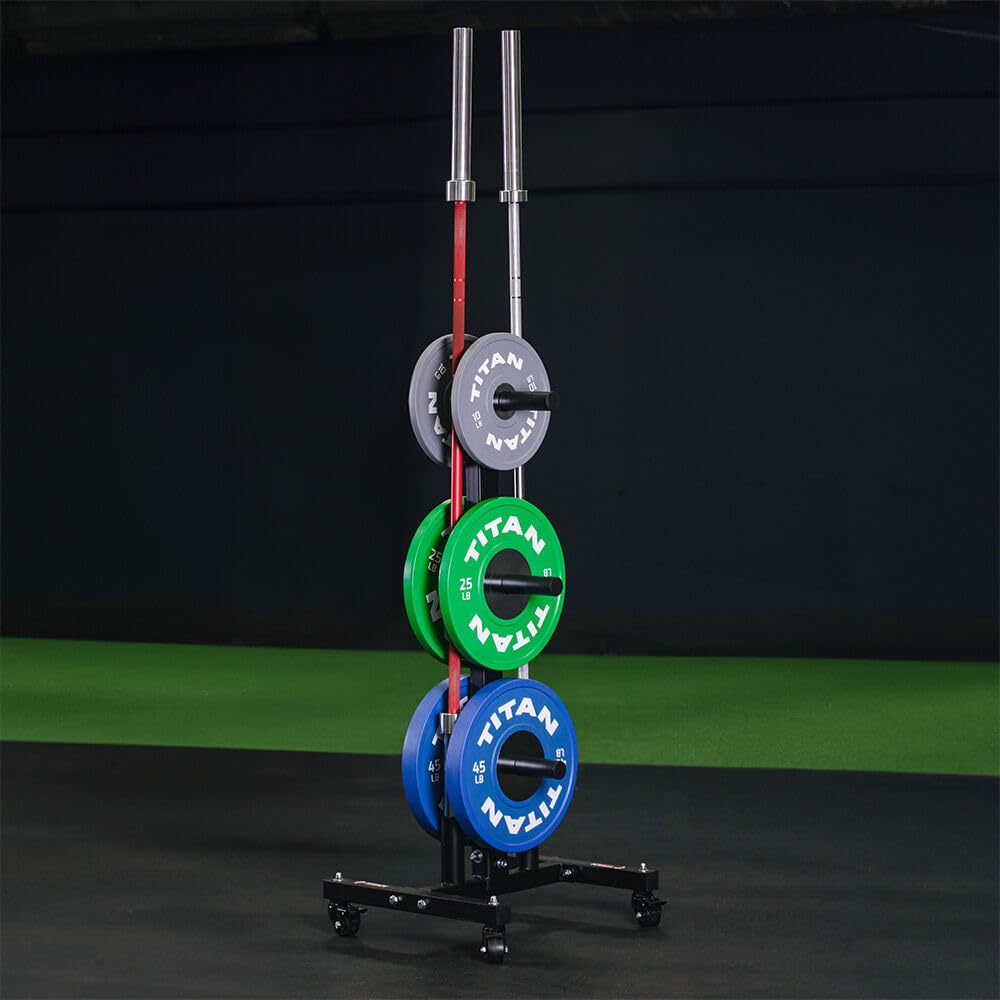 Titan Fitness Portable Weight Tree for Olympic Plate and Barbell Storage, Weight Plate Storage with 1,000 LB Capacity, Weight Tree Rack with Locking Wheels, Weight Plate Tree with Barbell Storage