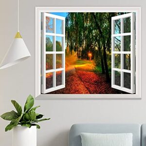 3d wall decals window looking out autumn path leaves rays nature rivers wall stickers murals wallpaper art decor for living room,home walls,kids room