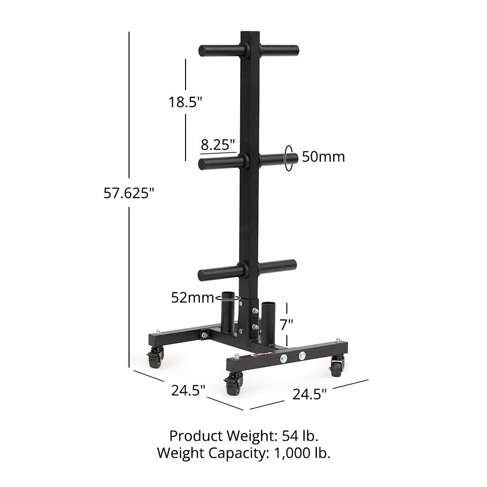 Titan Fitness Portable Weight Tree for Olympic Plate and Barbell Storage, Weight Plate Storage with 1,000 LB Capacity, Weight Tree Rack with Locking Wheels, Weight Plate Tree with Barbell Storage