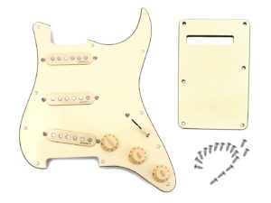 lamsam prewired 6 string electric guitar pickguard loaded modern tone single coil pickups, pick guards wired alnico 5 sss pickup set volume tone pots 5-way switch, backplate included, cream