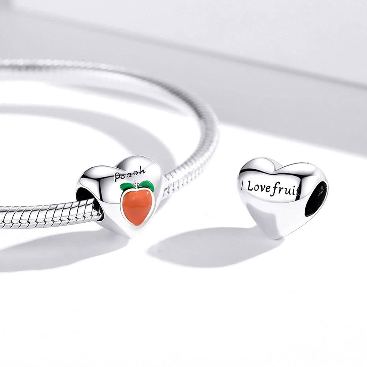 Lamoony Charm 925 Sterling Silver Peach Charm Mango Charm Avocado Charm Mangosteen Charm Fruit Charm Heart Charm Apple Charm Love Charm for Pandora Charm Bracelet (Peach)