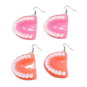 2pairs funny resin 3d tooth dangle earring set acrylic exaggerated hand-made drop earring for women mother friend creative ear halloween jewelry-b orange+pink