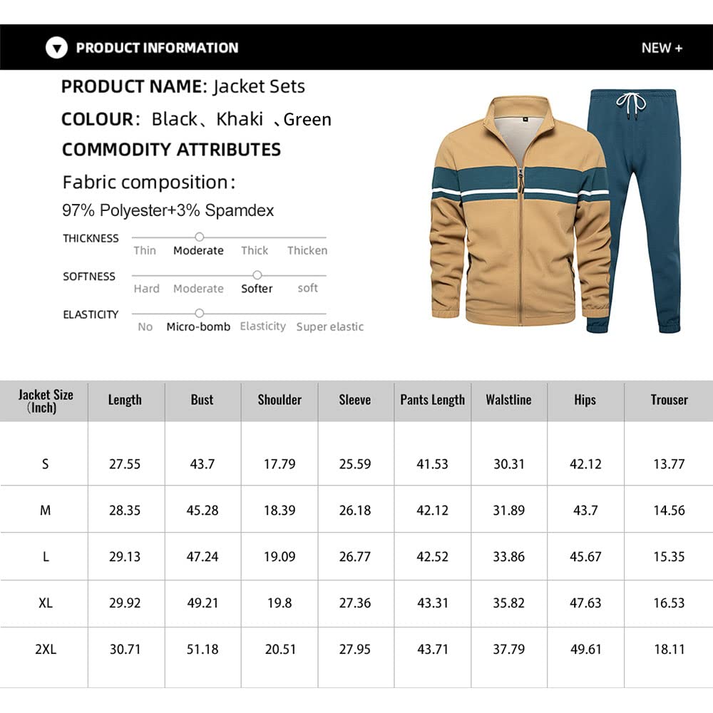 LBL Leading the Better Life Men's Activewear Full Zip Warm Tracksuit Sports Set Color Matching Casual Sweat Suit Khaki XL