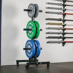 Titan Fitness Portable Weight Tree for Olympic Plate and Barbell Storage, Weight Plate Storage with 1,000 LB Capacity, Weight Tree Rack with Locking Wheels, Weight Plate Tree with Barbell Storage