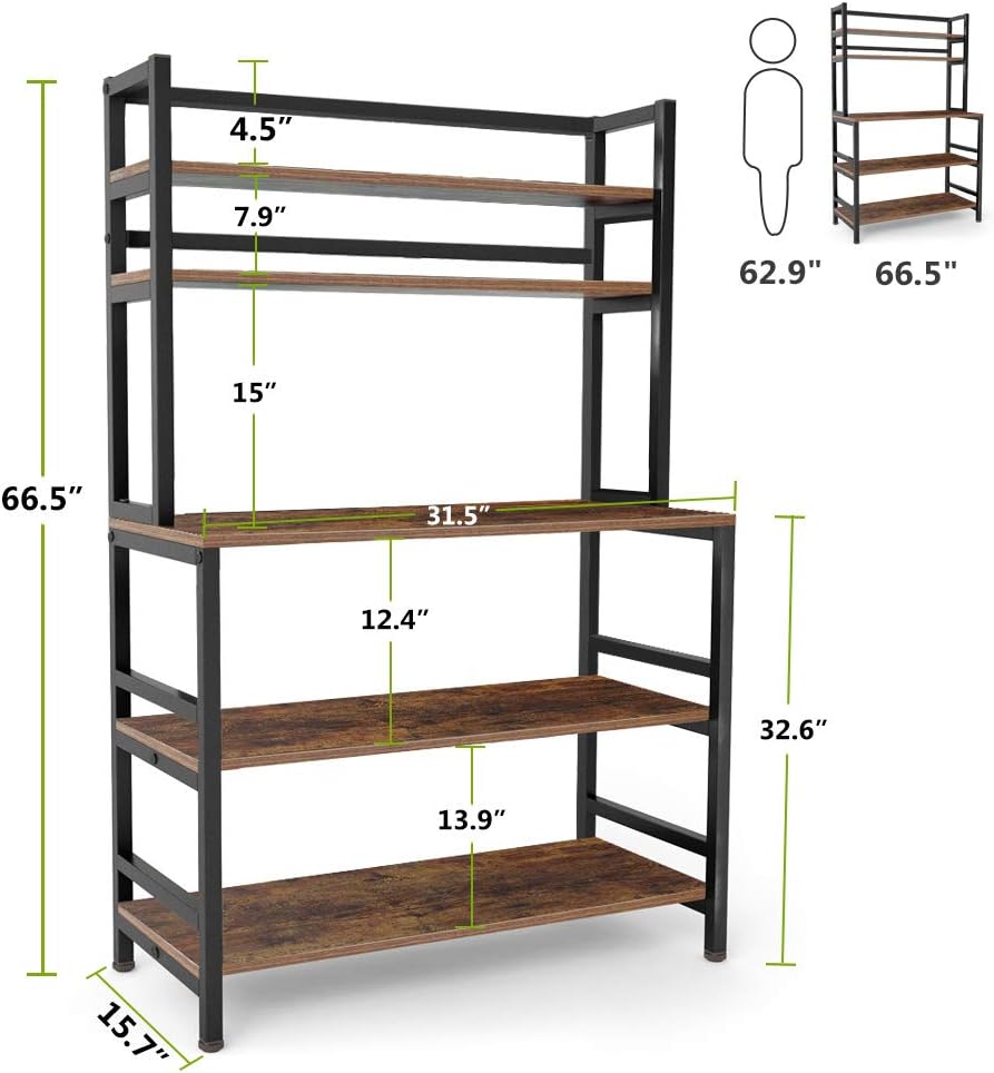 Tribesigns 5-Tier Kitchen Bakers Rack with Hutch, Industrial Microwave Oven Stand, Free Standing Kitchen Utility Cart Storage Shelf Organizer (Rustic Brown)