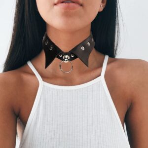 Urieo Gothic PU Leather Chokers Black Studded Collar Choker with O Ring Rock Choker Necklaces Adjustable Nightclub Party for Women Black