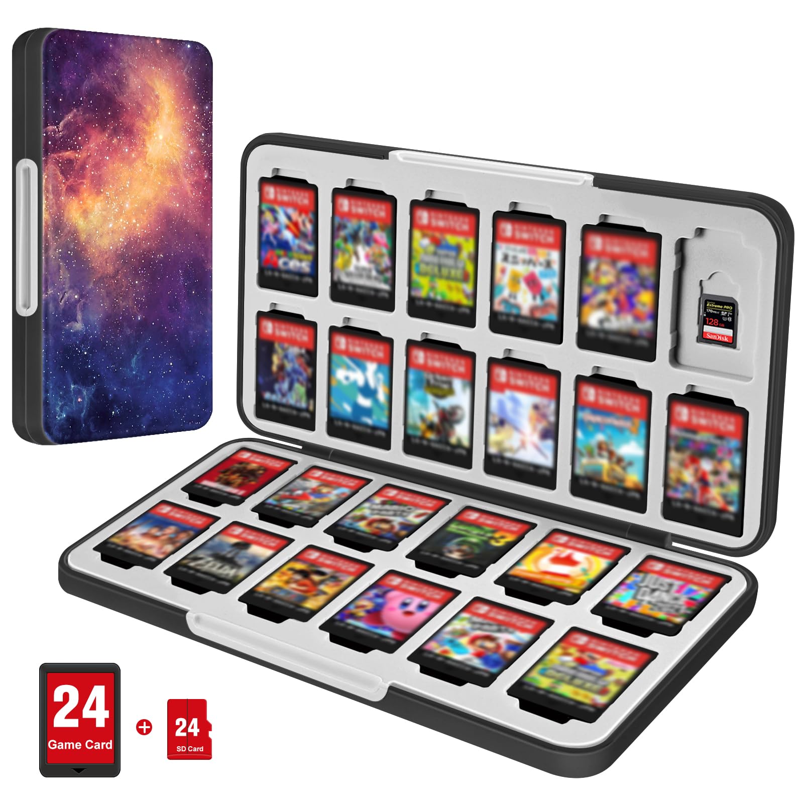 CaseBot Game Card Case for Nintendo Switch Games, [Shockproof] Hard Shell Protective and Durable 24 Slots Card & 24 Slots Micro SD Card Storage Holder Box, Slim and Portable (Galaxy)