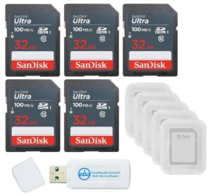 sandisk 32gb ultra sd memory card 5 pack sdhc uhs-i class 10 (sdsdunr-032g-gn3in) bundle with 5 sd card cases & 1 everything but stromboli card reader