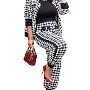 SOMTHRON Women’s Houndstooth Print 2 Piece Outfit Zip Up Long Sleeve Jacket Elastic High Waist Long Pants Set Work Suits Tracksuit BL-XL