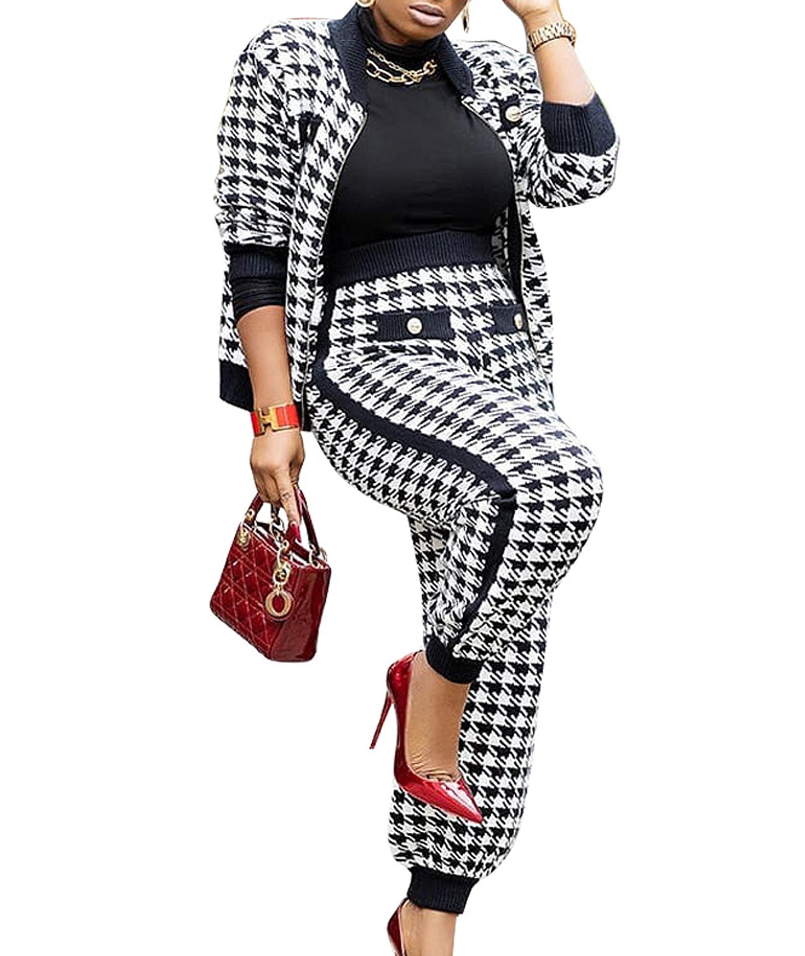 SOMTHRON Women’s Houndstooth Print 2 Piece Outfit Zip Up Long Sleeve Jacket Elastic High Waist Long Pants Set Work Suits Tracksuit BL-XL