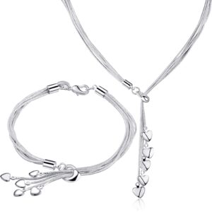 mtlee 2 pieces five-line chain with five-heart link bracelet bangle italian five-line chain necklace link for women christmas gift(silver)