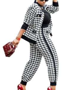 somthron women’s houndstooth print 2 piece outfit zip up long sleeve jacket elastic high waist long pants set work suits tracksuit bl-xl