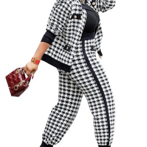 SOMTHRON Women’s Houndstooth Print 2 Piece Outfit Zip Up Long Sleeve Jacket Elastic High Waist Long Pants Set Work Suits Tracksuit BL-XL