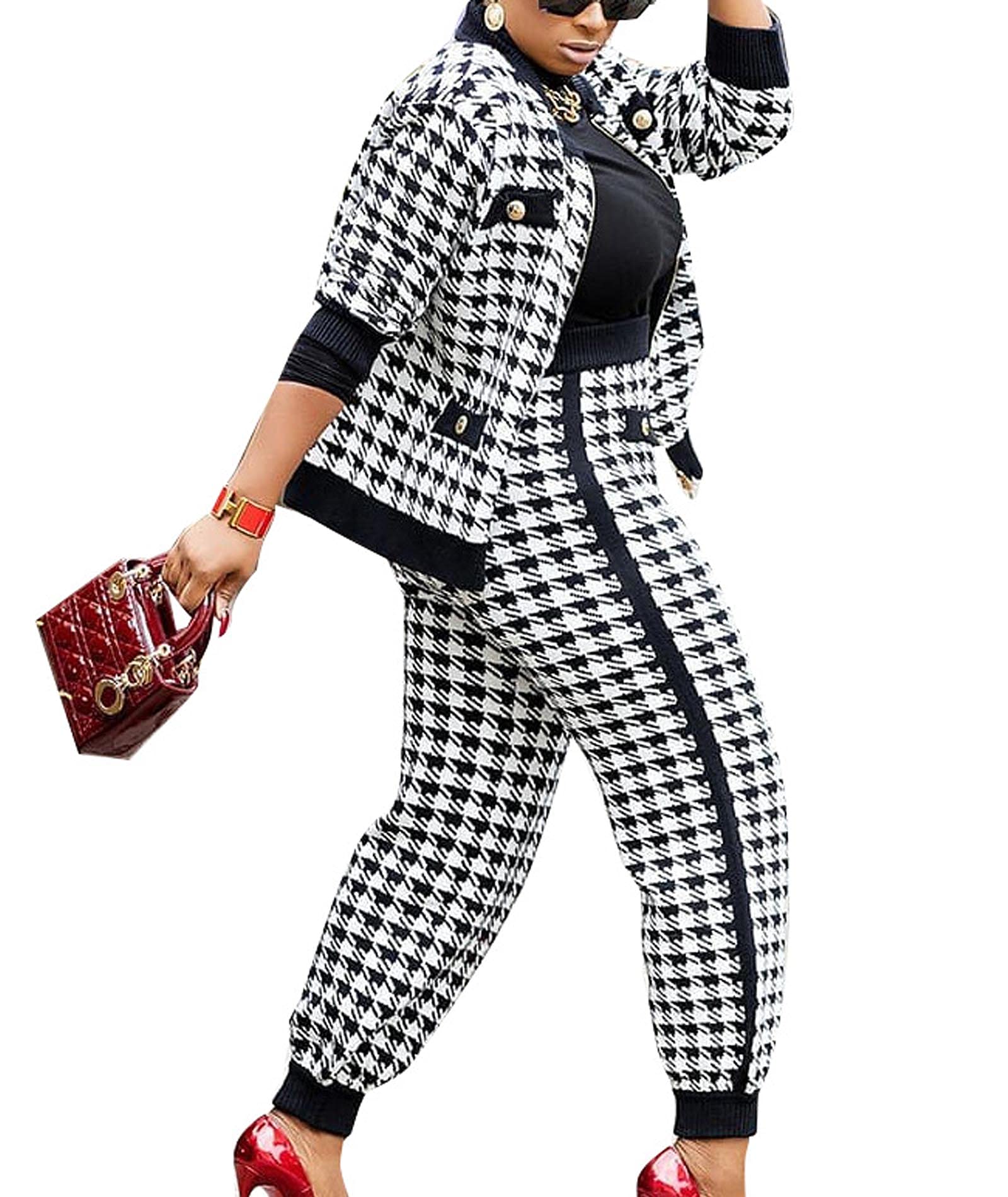 SOMTHRON Women’s Houndstooth Print 2 Piece Outfit Zip Up Long Sleeve Jacket Elastic High Waist Long Pants Set Work Suits Tracksuit BL-XL