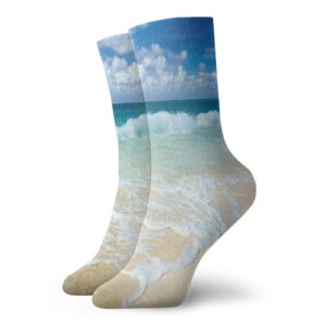 wave funny compression socks women and men,beach with foamy waves on empty sea shore holiday theme serene coastal,best for circulation,running,athletic,nurse,travel,blue white sand brown -12 inch