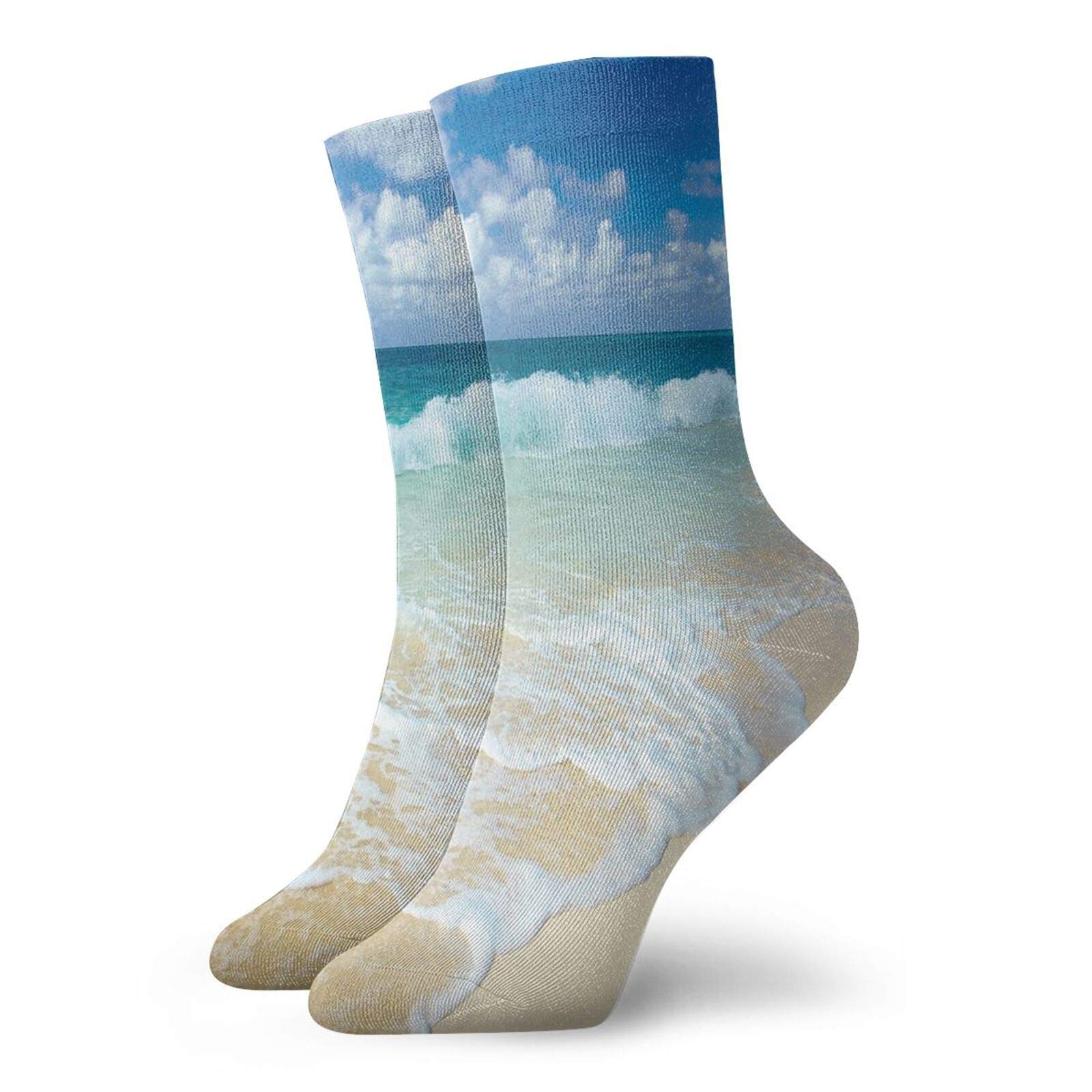 Wave Funny Compression Socks Women and Men,Beach With Foamy Waves On Empty Sea Shore Holiday Theme Serene Coastal,Best for Circulation,Running,Athletic,Nurse,Travel,Blue White Sand Brown -12 inch