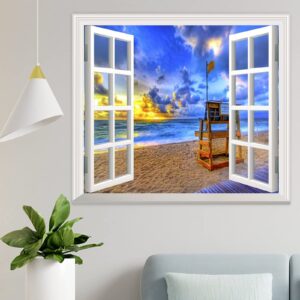 3d wall decals window looking out wave beach ray blue sea wall stickers murals wallpaper art decor for living room,home walls,kids room