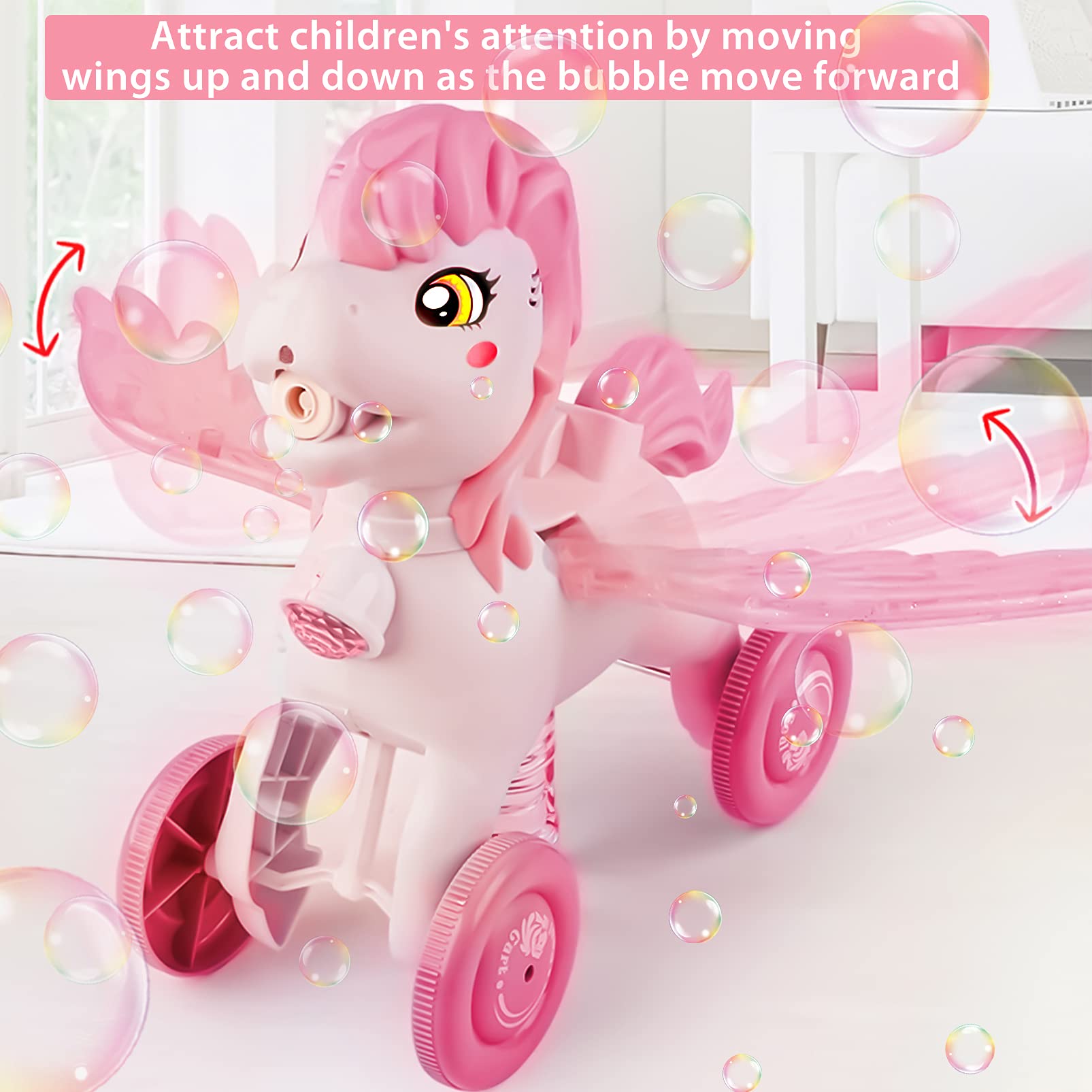 Pink Bubble Machine Blower Maker Lawn Mower Walking Toy Christmas Basket Stuffers Outdoor Summer Girls Kids Toddler 1st Birthday Best Gift for 1 2 3 Year Old Unique Cute Valentines Day Unicorn Gifts