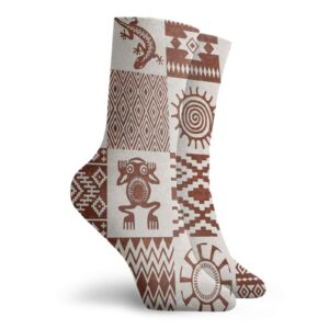 Southwestern Funny Compression Socks Women and Men,Frames With Ethnic Native American Patterns And Symbols Grunge Look,Best for Circulation,Running,Athletic,Nurse,Travel,Redwood And Eggshell -12 inch