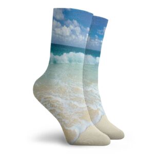 Wave Funny Compression Socks Women and Men,Beach With Foamy Waves On Empty Sea Shore Holiday Theme Serene Coastal,Best for Circulation,Running,Athletic,Nurse,Travel,Blue White Sand Brown -12 inch