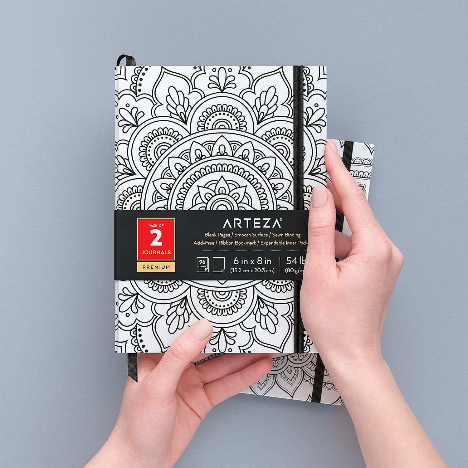 Arteza Journal Blank Page Notebooks, Set of 2, 6 x 8 Inches, 96 Sheets Each, Mandala Design, 2 Blank Art Journals with Smooth Paper, School Supplies for Planning, Writing, and Sketching