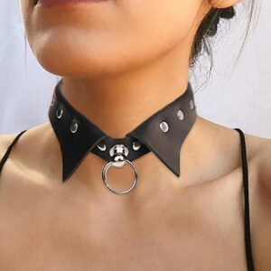 Urieo Gothic PU Leather Chokers Black Studded Collar Choker with O Ring Rock Choker Necklaces Adjustable Nightclub Party for Women Black