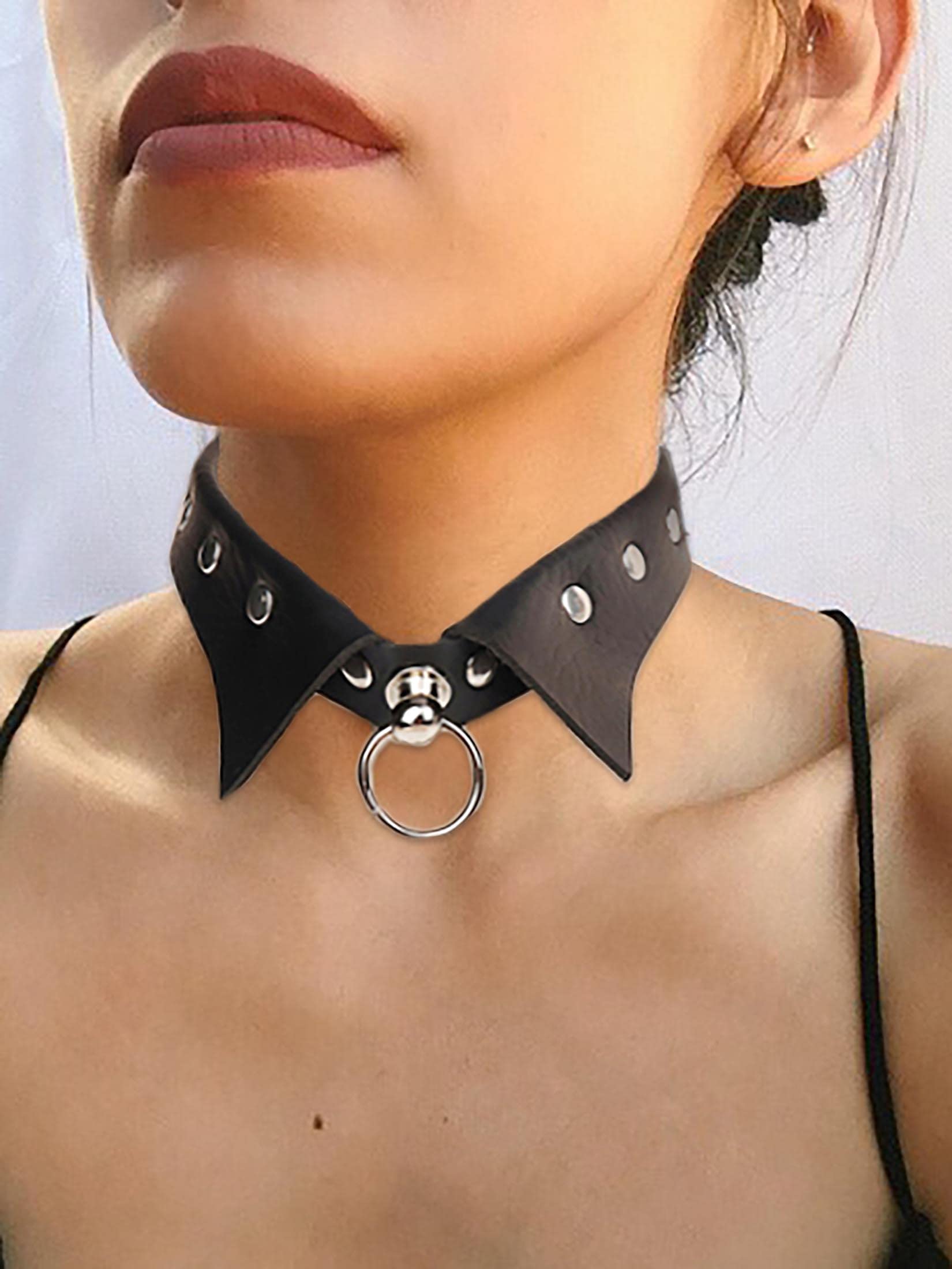 Urieo Gothic PU Leather Chokers Black Studded Collar Choker with O Ring Rock Choker Necklaces Adjustable Nightclub Party for Women Black