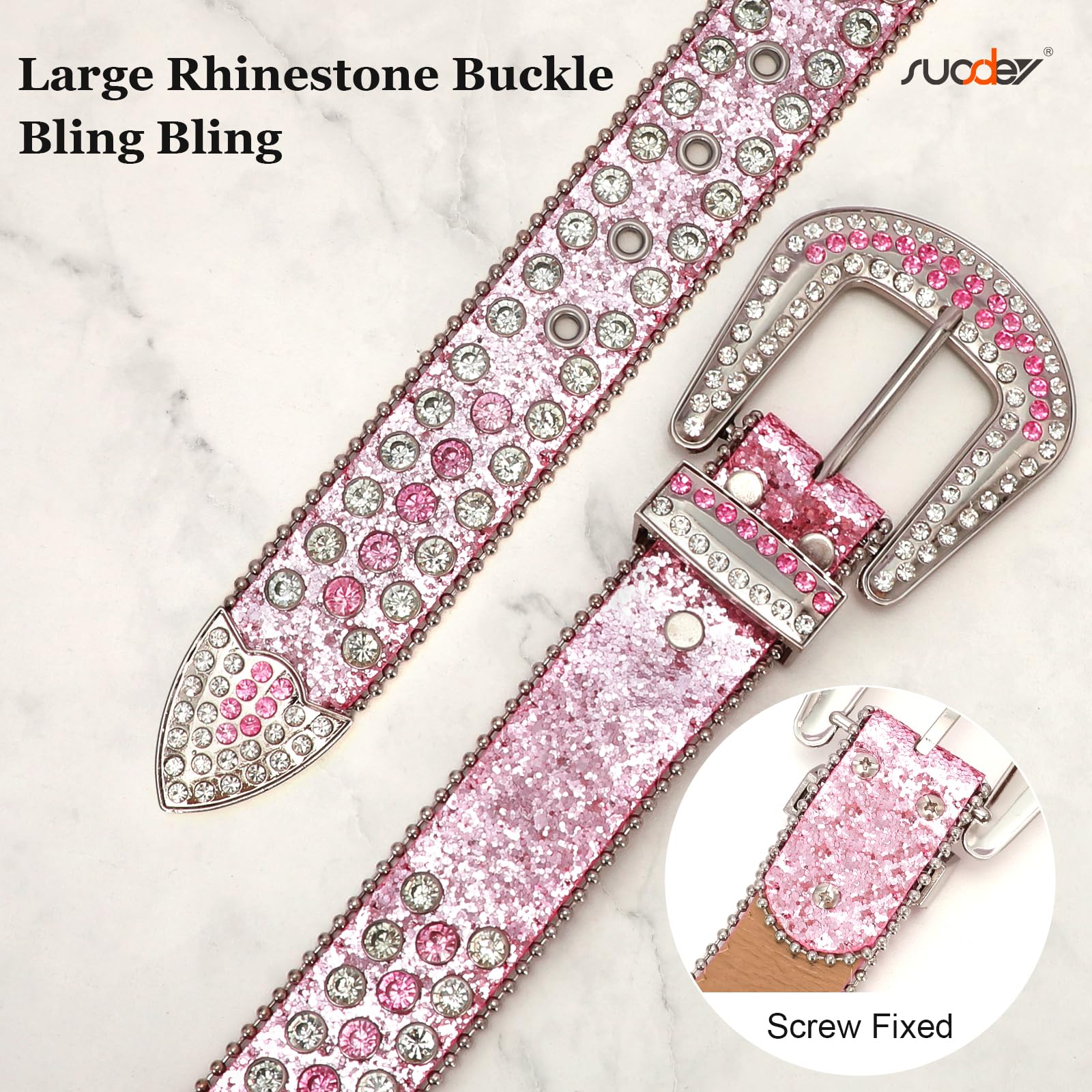 SUOSDEY Men Women Fashion Rhinestone Belt Western Cowgirl Bling Studded Design Leather Diamond Belt for Jeans Dress