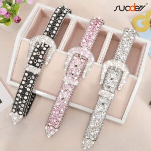 SUOSDEY Men Women Fashion Rhinestone Belt Western Cowgirl Bling Studded Design Leather Diamond Belt for Jeans Dress