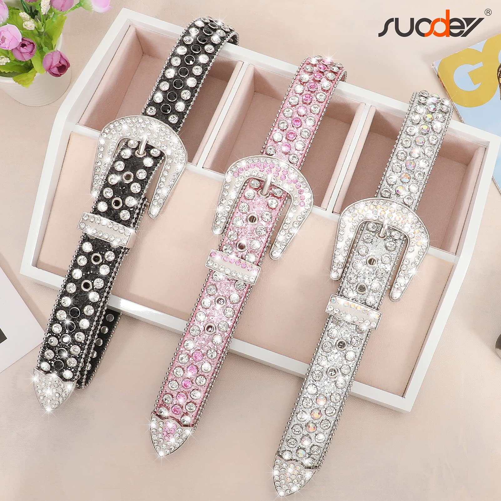 SUOSDEY Men Women Fashion Rhinestone Belt Western Cowgirl Bling Studded Design Leather Diamond Belt for Jeans Dress