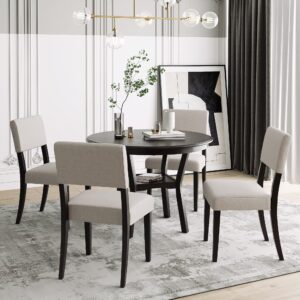 merax 5-piece dining set, round bottom shelf, 4 upholstered chairs, ideal for kitchen, dinning room and bar table, espresso, beige