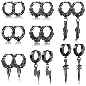 sailimue 8pairs surgical stainless steel huggie hoop earrings for men women hypoallergenic punk hip hop cool goth earrings black silver vintage feather drop dangle earrings set