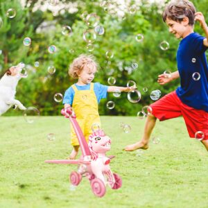 Pink Bubble Machine Blower Maker Lawn Mower Walking Toy Christmas Basket Stuffers Outdoor Summer Girls Kids Toddler 1st Birthday Best Gift for 1 2 3 Year Old Unique Cute Valentines Day Unicorn Gifts