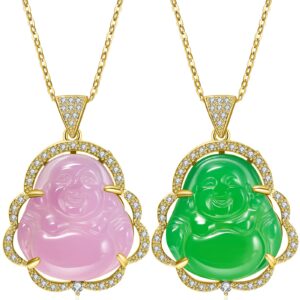 mtlee smiling buddha necklace, 2 pieces jade pendant for women & men, unisex 18.9inches chain necklace, green & pink (crystal alloy)