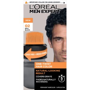 l’oreal paris men expert one twist mess free permanent hair color, mens hair dye to cover grays, easy mix ammonia free application, real black 02, 1 application kit