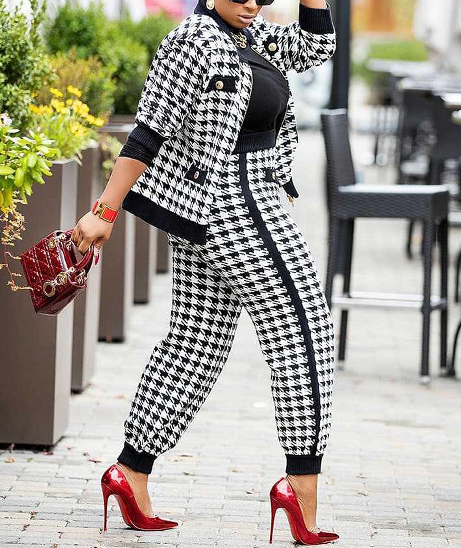 SOMTHRON Women’s Houndstooth Print 2 Piece Outfit Zip Up Long Sleeve Jacket Elastic High Waist Long Pants Set Work Suits Tracksuit BL-XL