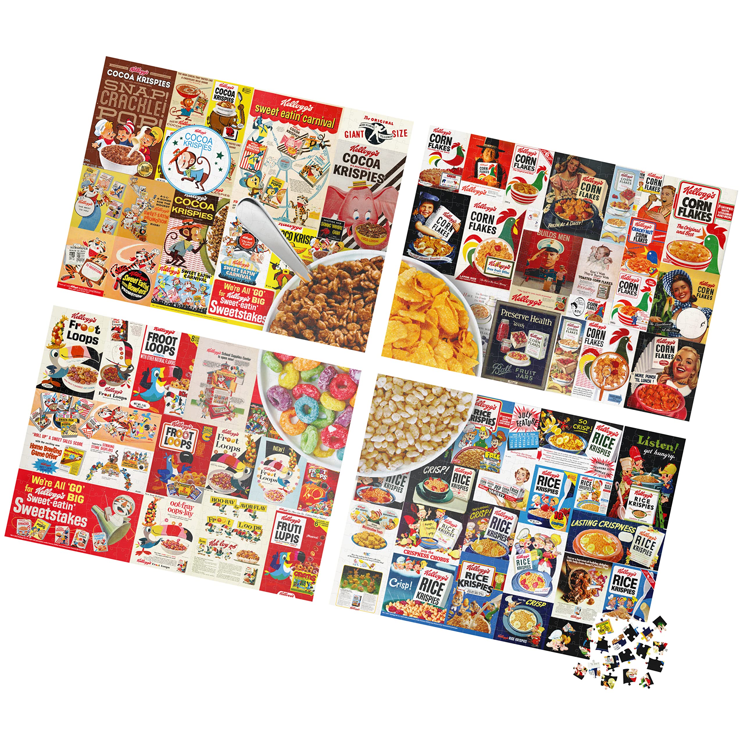 Kellogg’s, 4 Puzzle Multipack, 500 Pieces Combine to Form Mega Puzzle: Cocoa Krispies, Corn Flakes, Fruit Loops, Rice Krispies, for Kids and Adults