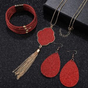 Hicarer 3 Pieces Leopard Earrings Bracelets Women Jewelry Bohemia Earrings Necklace Cheetah Set Multilayer Leather Cuff Boho for Large Wrists Cosplay Party Costume Accessories(Red Glitter Style)