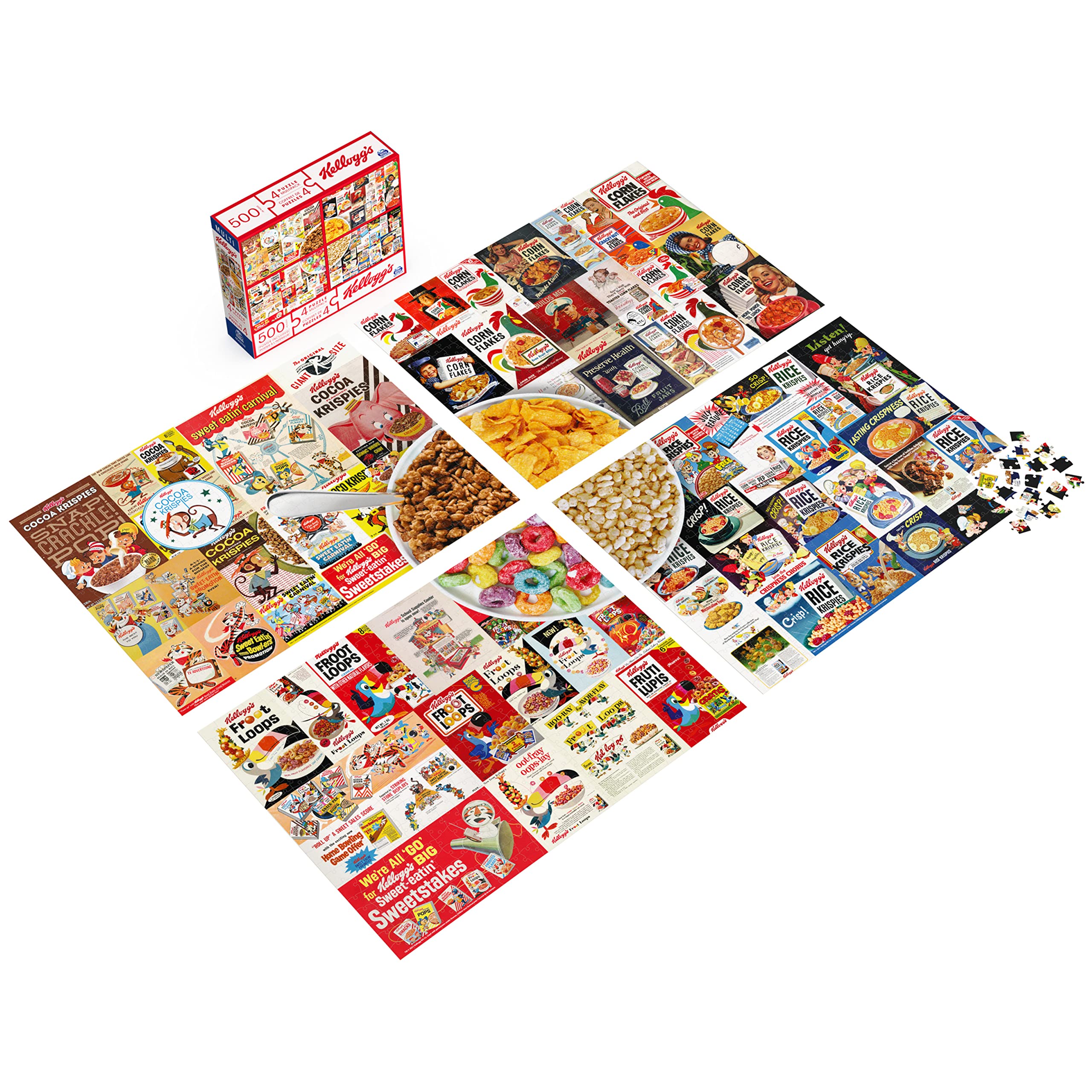 Kellogg’s, 4 Puzzle Multipack, 500 Pieces Combine to Form Mega Puzzle: Cocoa Krispies, Corn Flakes, Fruit Loops, Rice Krispies, for Kids and Adults