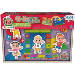 cocomelon, 4-pack wooden puzzles, 18-pieces each jigsaw toy gift set with interchangeable characters, for kids ages 3 and up