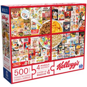 Kellogg’s, 4 Puzzle Multipack, 500 Pieces Combine to Form Mega Puzzle: Cocoa Krispies, Corn Flakes, Fruit Loops, Rice Krispies, for Kids and Adults