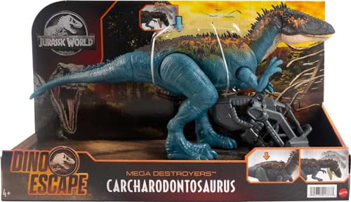 Mattel Jurassic World Mega Destroyers Carcharodontosaurus Posable Dinosaur Action Figure Toy with Attack and Breakout Features, Blue