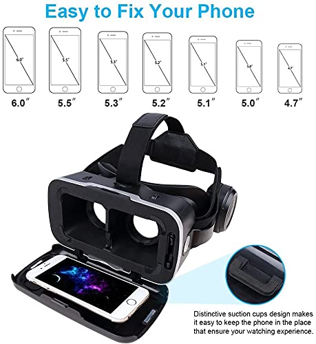 VR Headset with Remote Controller,HD 3D VR Glasses Virtual Reality Glasses for VR Games & 3D Movies, Virtual Reality Goggles for iPhone/Android Phone w/ 4.7-6in Screen | VR Glasses