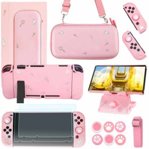 gutial accessories kit for nintendo switch - pink cute accessories bundle girly style pack for girls with travel carrying case and dockable cover case, screen protector, kawaii stand, thumb grips