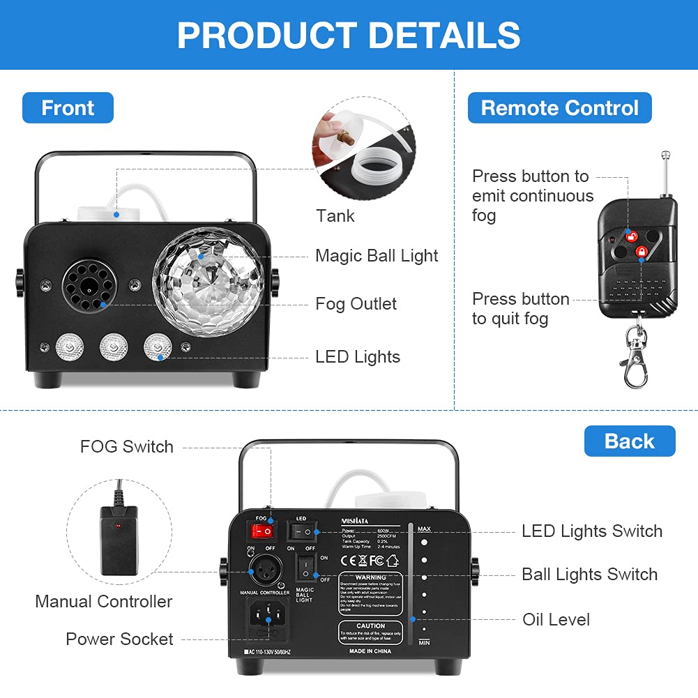 MOSFiATA Fog Machine with Disco Ball Lights 600W Smoke Machine with RGB LED lights, 2300 CFM Spray, Remote Control, Perfect for Halloween, Christmas, Wedding, Party, Club, DJ Stage Effect